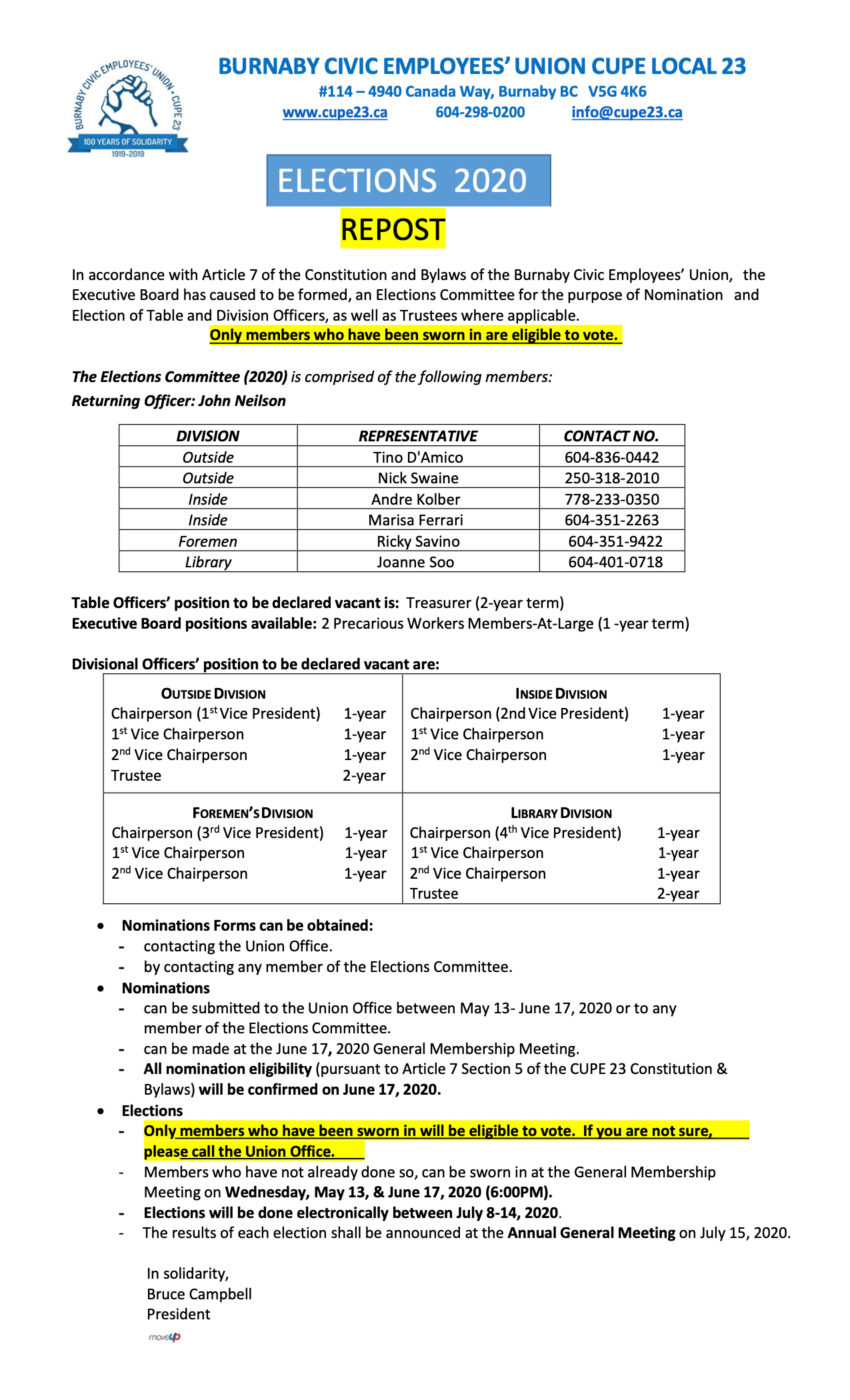 Nominations for Election May 13 – June 17 – CUPE 23