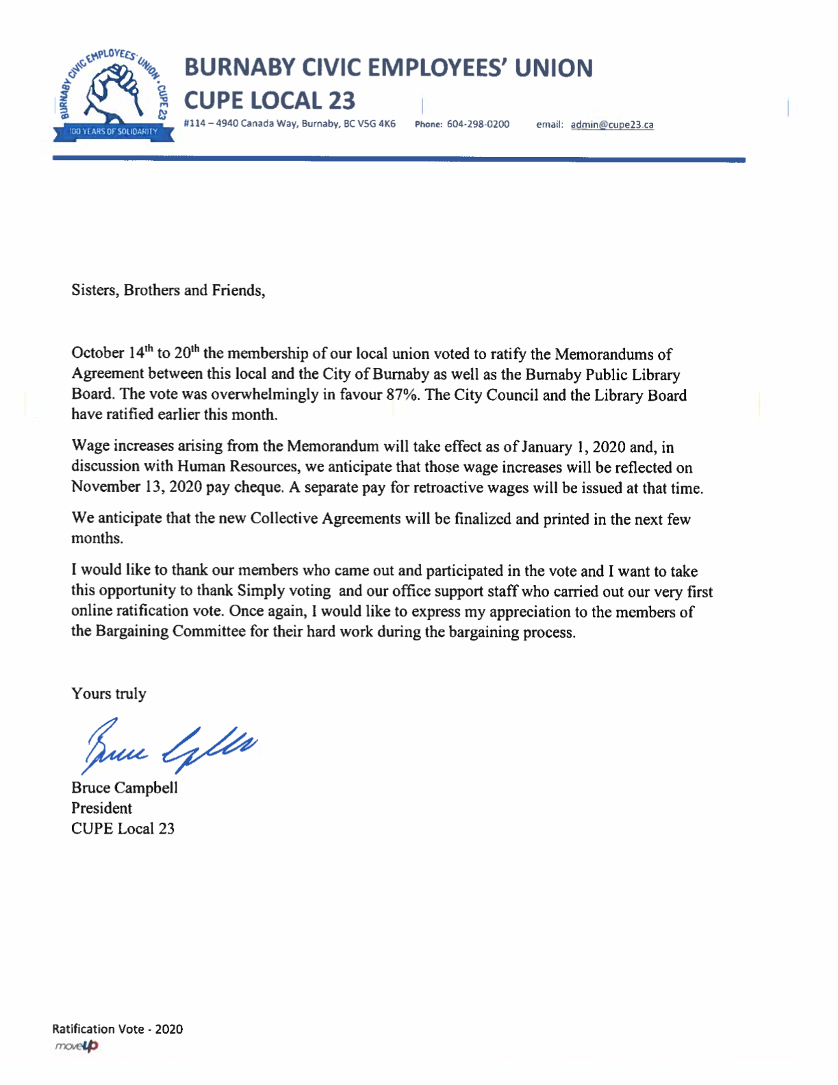 Memorandum of Agreement Ratified – CUPE 23