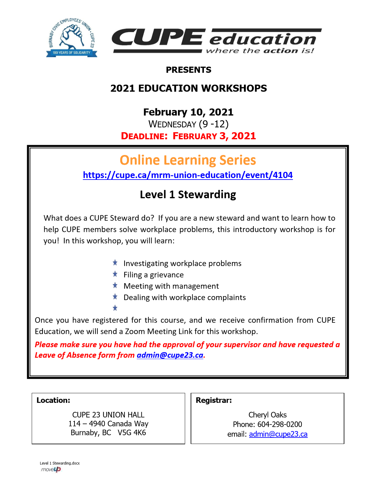 CUPE 23 Level 1 Stewarding course – CUPE 23